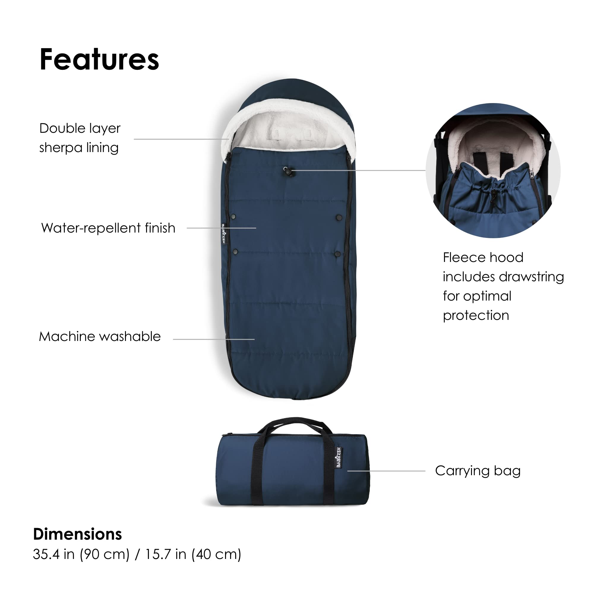 BABYZEN YOYO Footmuff, Navy Blue - Sherpa Lining & Fleece Hood with Drawstring to Keep Baby Warm - Includes Carrying Bag - Machine Washable