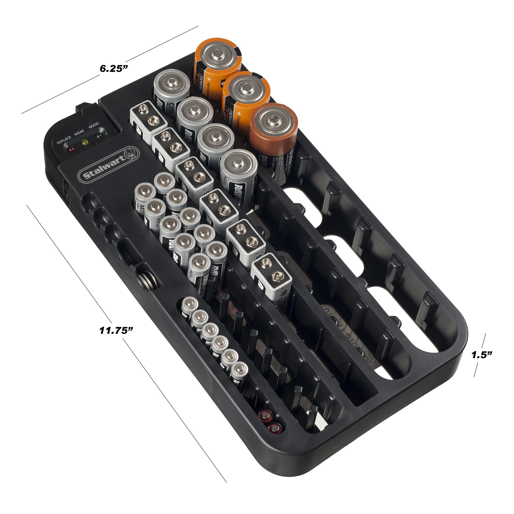 Battery Organizer with Removeable Volt Tester – 70 Piece Capacity Wall Mounted or Drawer Storage Case for Garage, Office, Home by Stalwart