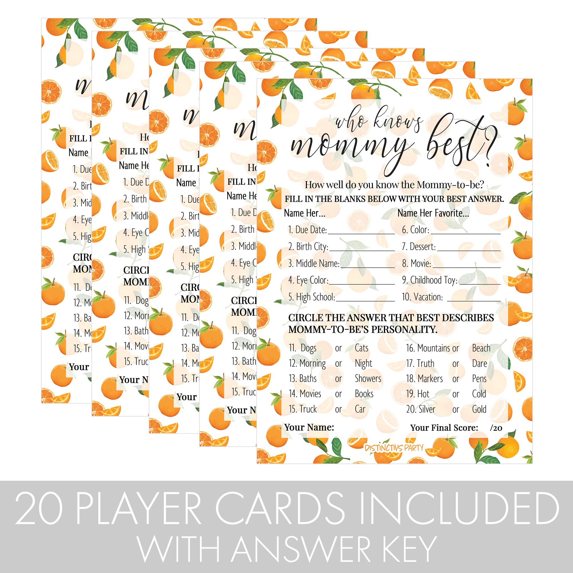 DISTINCTIVS Orange Little Cutie Baby Shower Game, Who Knows Mommy Best Game Cards - 20 Count