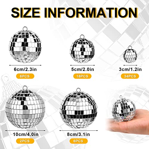66 PCS Mirror Disco Ball for Party, 3.94/3.15/2.36/2/1.18 Inches Silver Hanging Disco Ball Reflective Glass Disco Ball for Christmas Tree Ornament Holiday Party Home Decorations