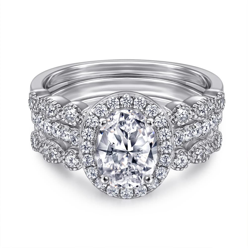 2.8 Ctw Moissanite Oval Wedding Ring Set for Women Platinum Plated Silver 3 Pieces Vintage Bridal Ring Set Engagement Ring Set White Gold Bridal Set Anniversary Promise Rings for Her（size 8)