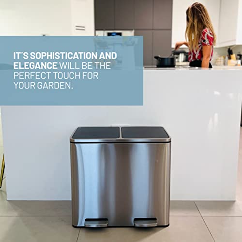 AWENN - Dual Kitchen Garbage Trash Can with Lid and Pedal - Touchless Round Shape Waste Bin - Stainless Steel Dustbin for Kitchen, Bathroom, Office and Outdoors โ Black (12.7 Gallon โ 48 Liters)