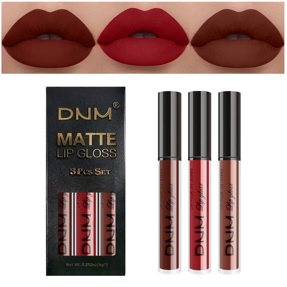 DNM 3Pcs Matte 24-hour Liquid Lipstick Sets, Dark Ruby Brown Red Permanent Stay on Lipstick Lip Set for Black Women Long Lasting 24 Hours Smudge Proof labiales matte labial mate larga duracion 24 02