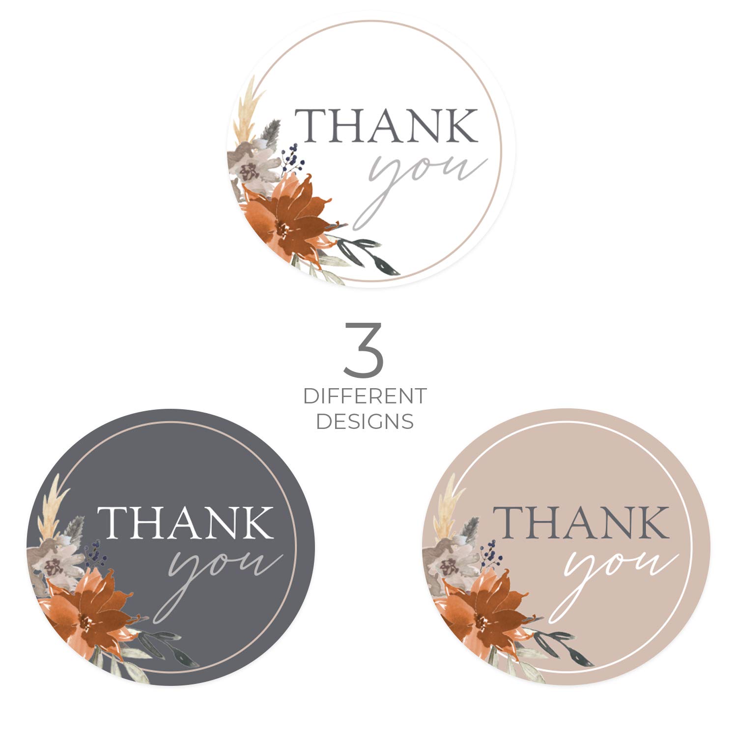 Indie Autumn Floral Thank You Labels / 250 Fall Flower Stickers / 1.5" Round Thank You Stickers / 3 Beautiful Thanks Designs