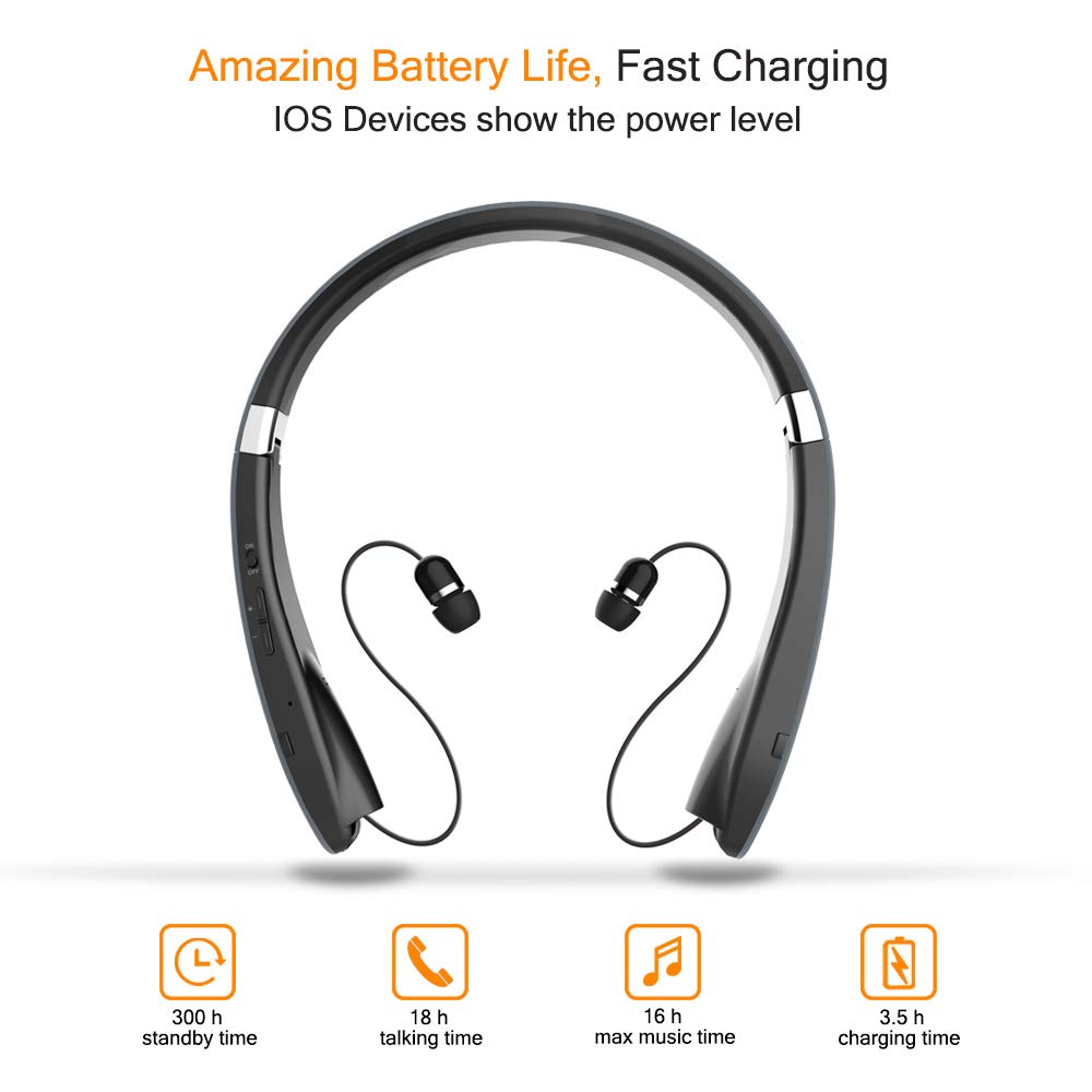 BEARTWO Foldable Bluetooth Headset, Lightweight Retractable Bluetooth Headphones for Sports&Exercise, Noise Cancelling Stereo Neckband Wireless Headset (with Carry case) (Gray Matte)