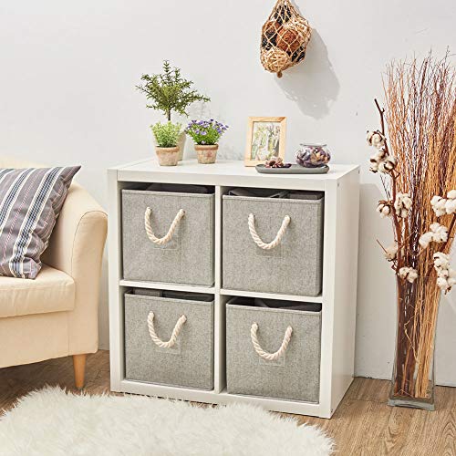 EZOWare [Set of 4] Foldable Fabric Storage Cube Bins with Cotton Rope Handle, Collapsible Resistant Basket Box Organizer for Shelves Closet Toys and More – Gray 12x12x12 inch