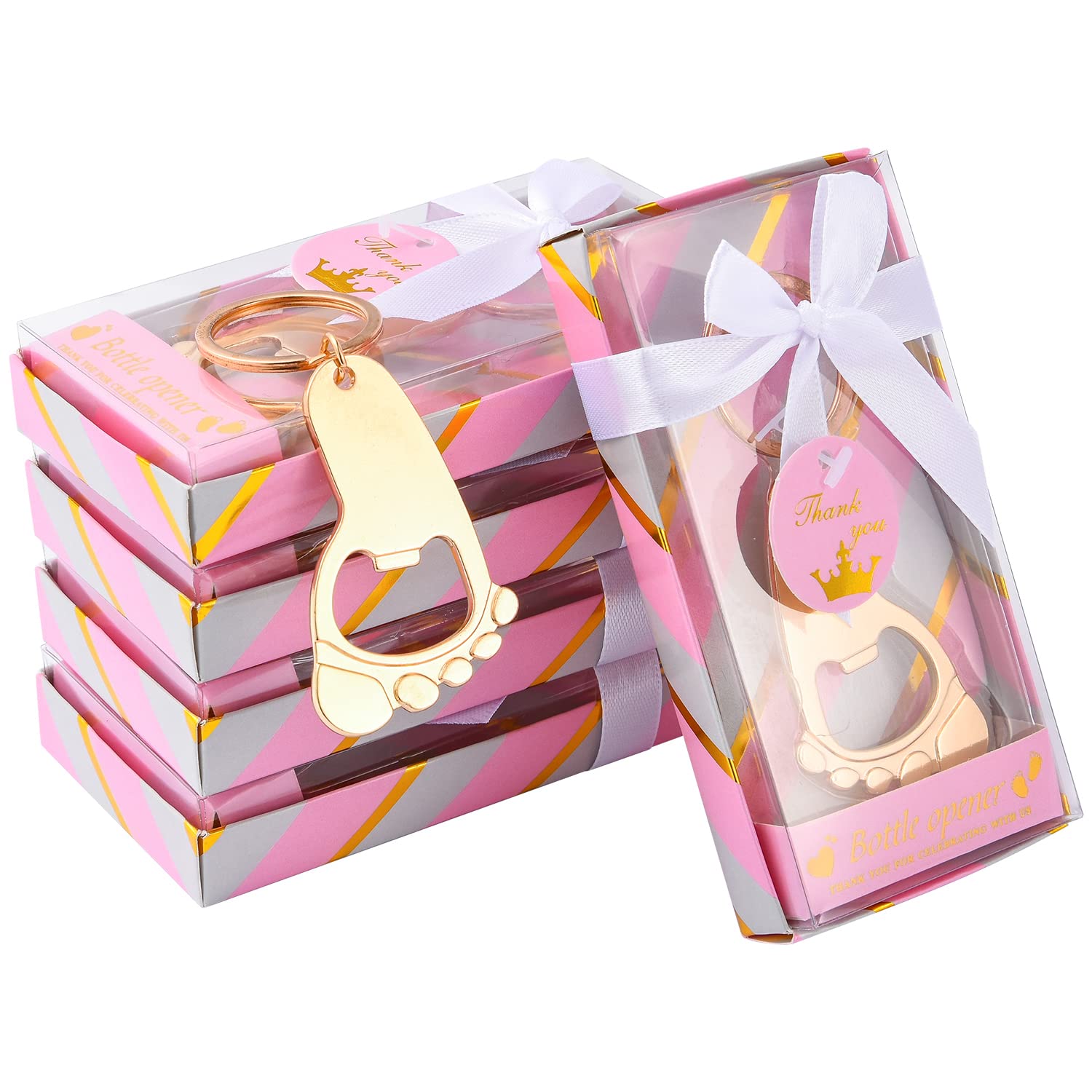 24Packs Baby Footprint Bottle Openers with Baby Shower Return Gift Boxes for Party Favors, Gifts or Decorations, Baby Girl Keepsakes for Guests (pink)