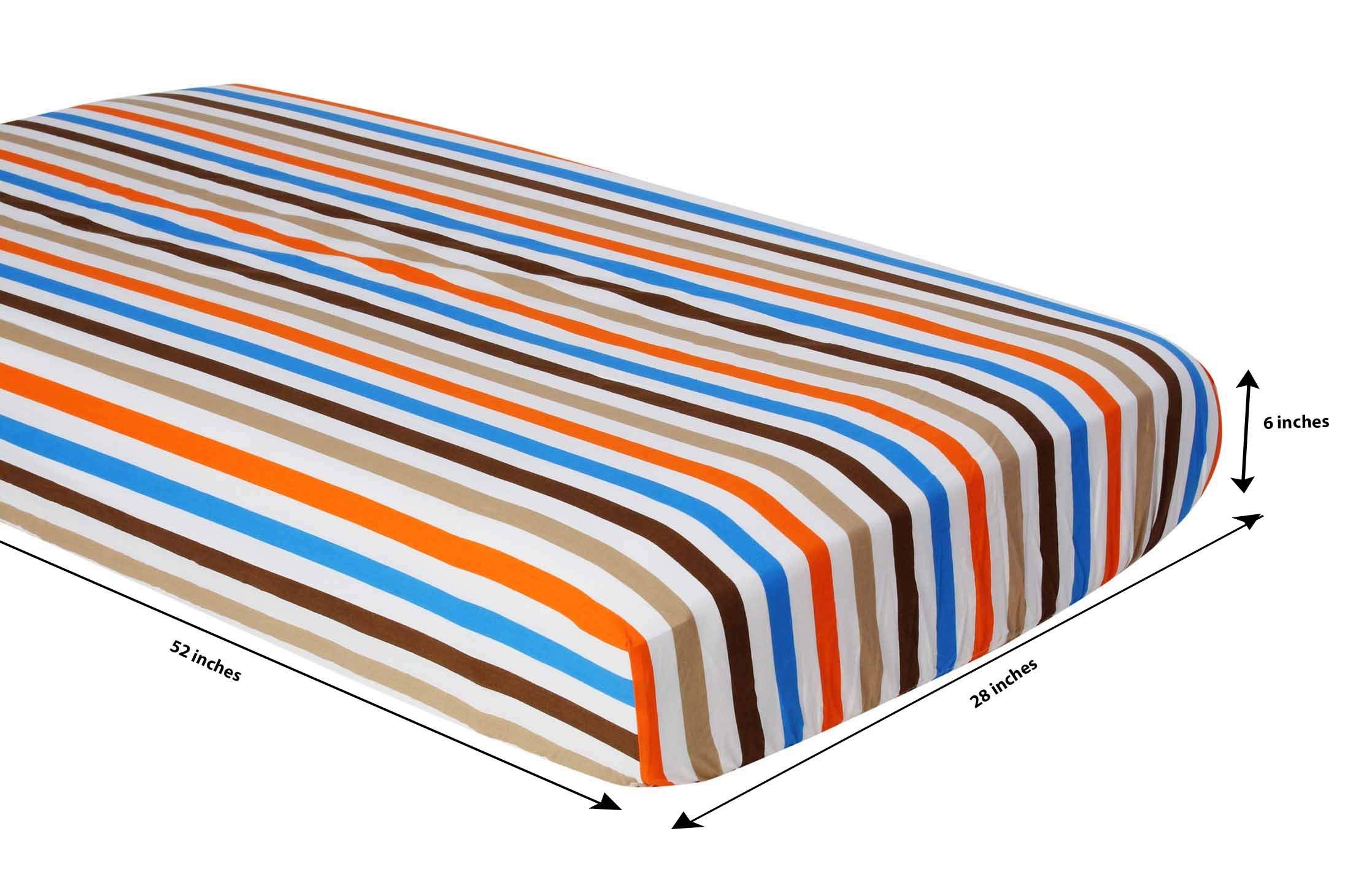 Bacati - 2 Pack MOD Sports Boys 100% Cotton Percale Universal Baby US Standard Crib or Toddler Bed Fitted Sheets (Stripes, Blue Orange Chocolate Brown)