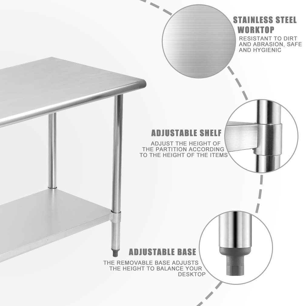 Kitchen Work Table NSF Certification Commercial Stainless Steel Prep Table W/Adjustable Foot Galvanized Base Shelf (24" x 48")