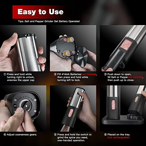 Battery Operated Salt and Pepper Grinder Set, Electric Salt Grinder with Storage Base, One Hand Automatic Operation, Stainless Steel Black 2 Pack