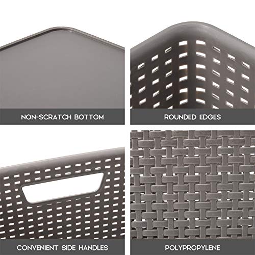 EZOWare 3 Pack X-Large Gray Woven Plastic Storage Baskets, Organizer Knit Basket Bin Boxes with Handle - 16.5x11.4x8.7 inch