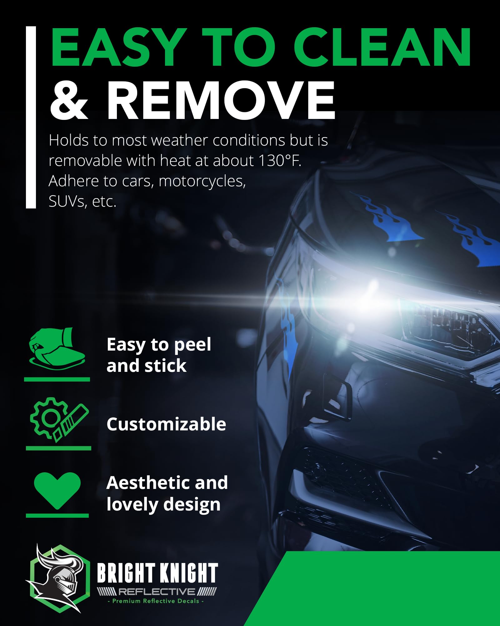 Bright Knight Reflective Flame Stickers, 4 Pcs Blue Reflective Car Sticker Decal with 3M Retro-Reflective Vinyl, Self-Adhesive Outdoor Waterproof Safety Flame Decals for Trucks, Cars, and Helmets