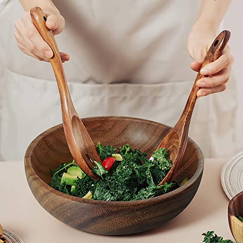 Salad Tongs, Salad Servers, Salad Tongs for Serving, AOOSY 10.2 inches Acacia Wood Serving Utensils Set Salad Mixing Dinner Fork and Spoon Long Handle Salad Server Set Kitchen Cooking Utensil