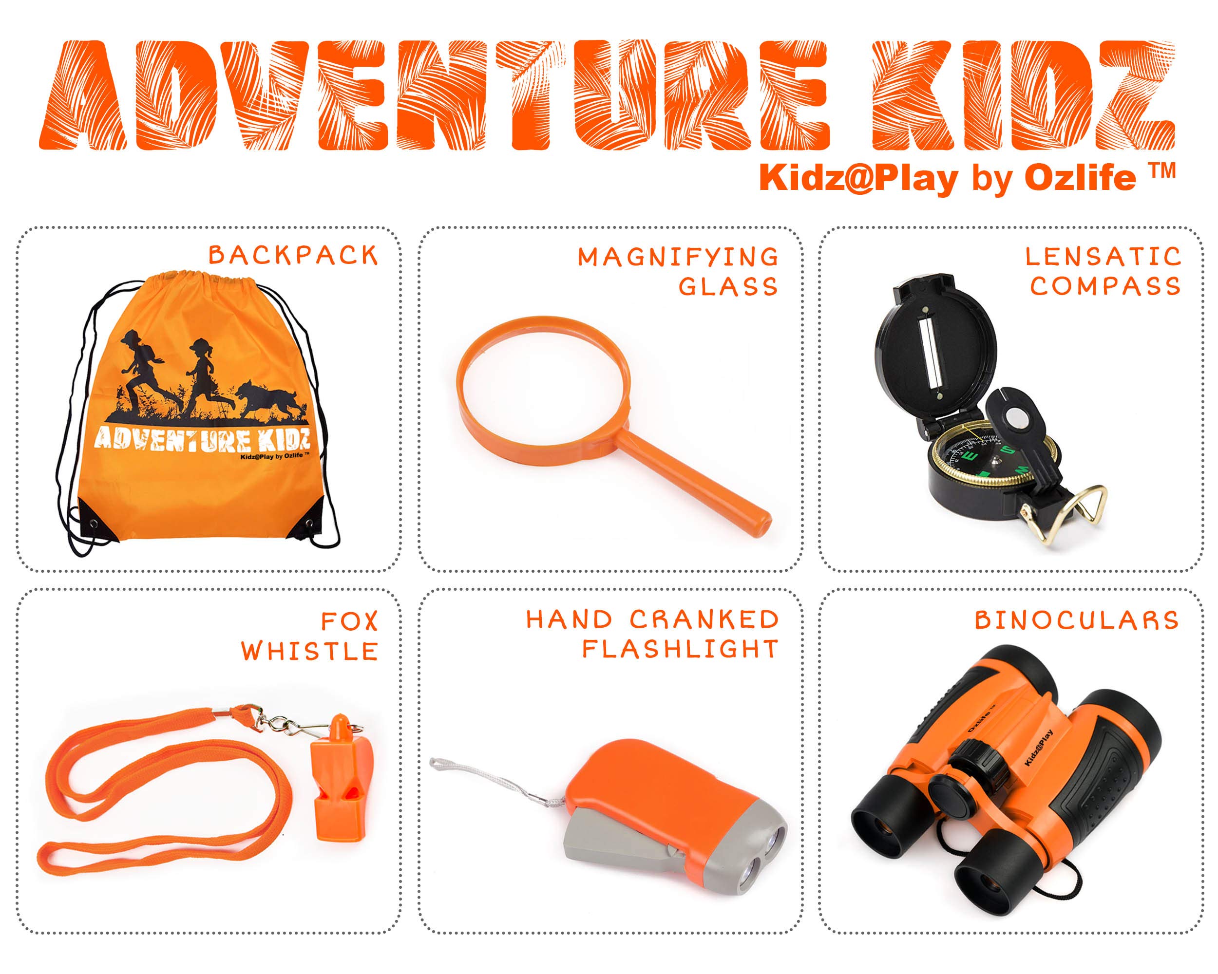 Adventure Kidz - Outdoor Exploration Kit, Children’s Toy Binoculars with Case, Flashlight, Compass, Whistle, Magnifying Glass, Backpack. Great Gift Set for Camping, Hiking, STEM, Pretend Play.