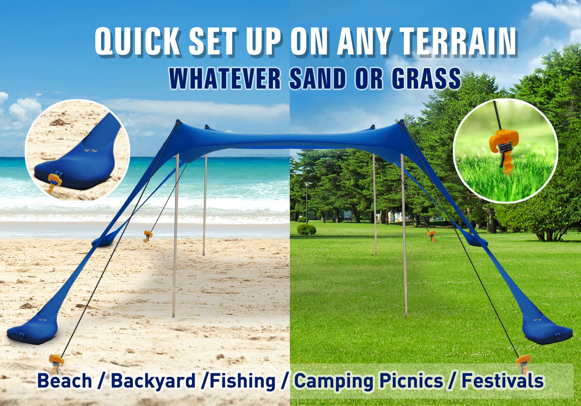2022 Upgraded Beach Tent Pop Up Shade, HARBLAND 10X10 FT UPF50+ Beach Shade Canopy with 8 Tent Stakes, 4 Support Ropes, Carry Bag(4 Thickened Tip Poles, 4-8 People)