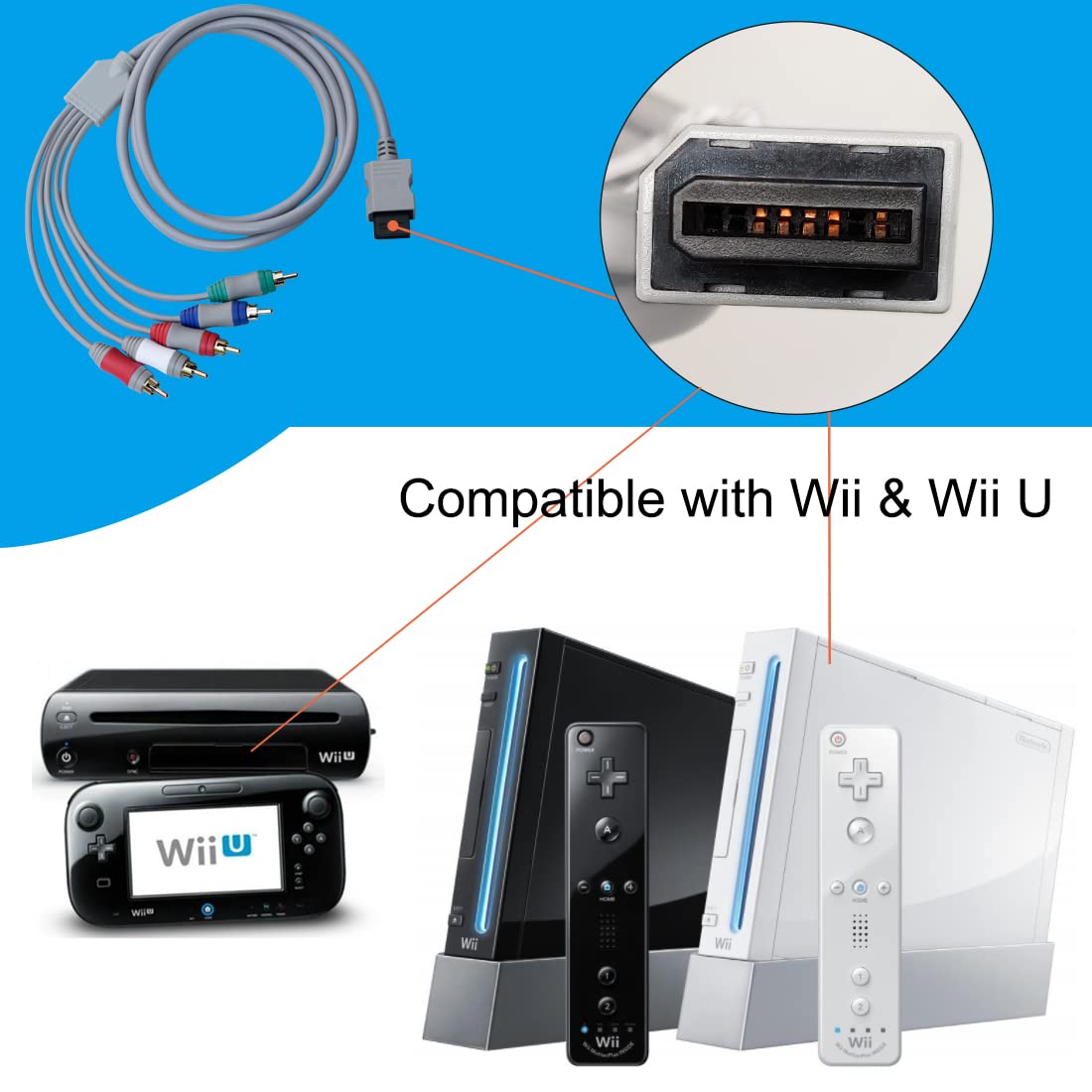 Bealuffe Component Cable for Wii for Wii U Multi Out 5RCA 480P HD Audio Video Cable 6 Feet
