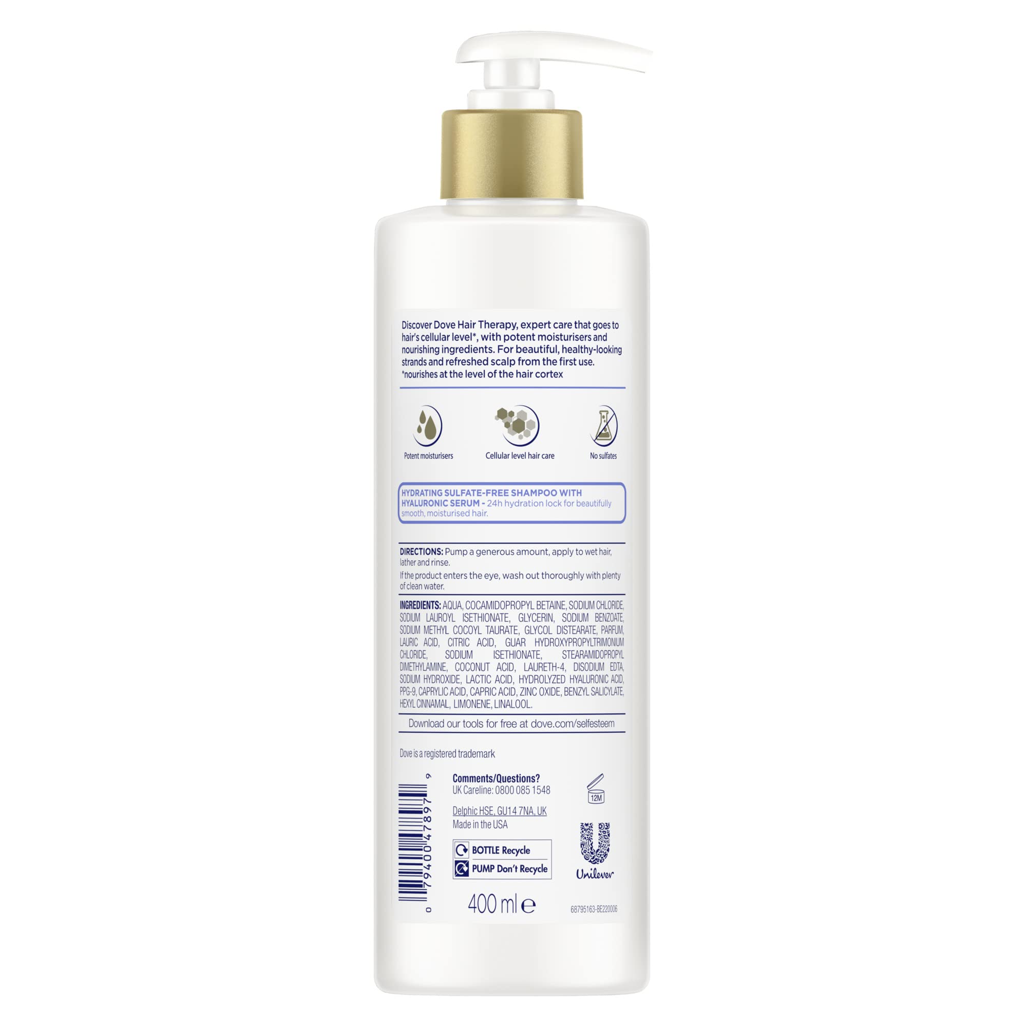 Dove Hair Therapy Hydration Spa Shampoo for Dry Hair with Hyaluronic Serum, 13.5 Fl Oz