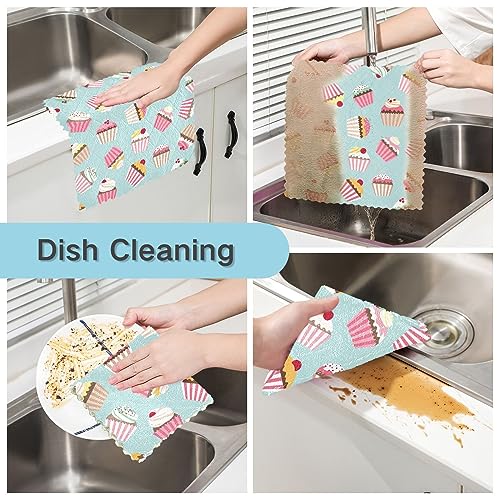 ALAZA Cute Cupcake Dish Towels Set of 6,Dish Bar Tea Towel Dishcloths Washable Fast Drying Dish Cloth Reusable Cleaning Cloth,11 x 11 inches