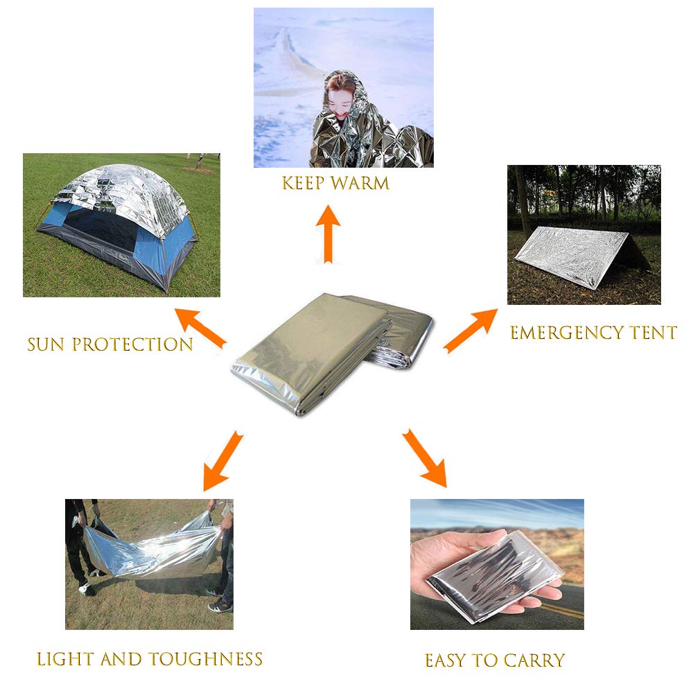 JIJI&ZEZE Emergency Blankets, Mylar Thermal Space Blanket Used for Outdoor Hiking Camping Marathons or First Aid Survival kit (6, Single Extra Large)