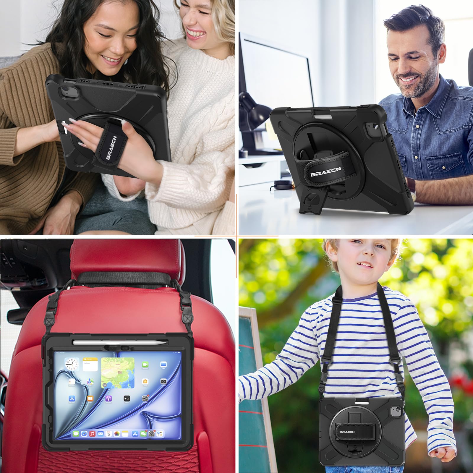 BRAECN for iPad Air 11 Inch 6th Generation Case M2 2024,iPad Air 5th Gen/iPad Air 4th Gen 10.9 Inch,Shockproof Durable Silicone Case with 360 Rotating Hand Strap&Kickstand for iPad Air 11'' Case-Black