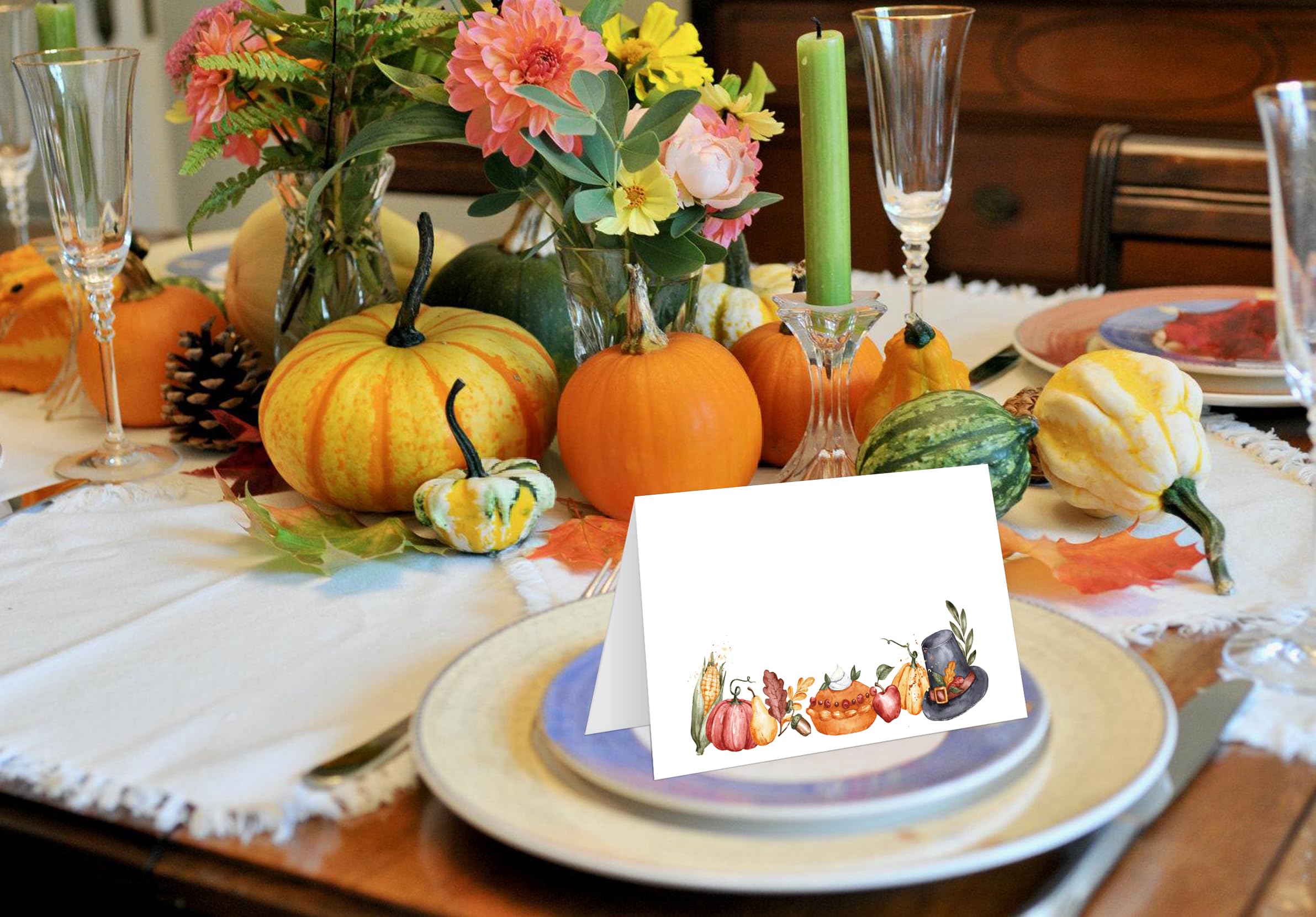 25 Pack Thanksgiving Tent Place Cards with Pumpkin, Place Cards for Table Setting, Folded Eggshell Paper Autumn Name Tent Cards for Thanksgiving Holiday Dinner Decorations - TG02