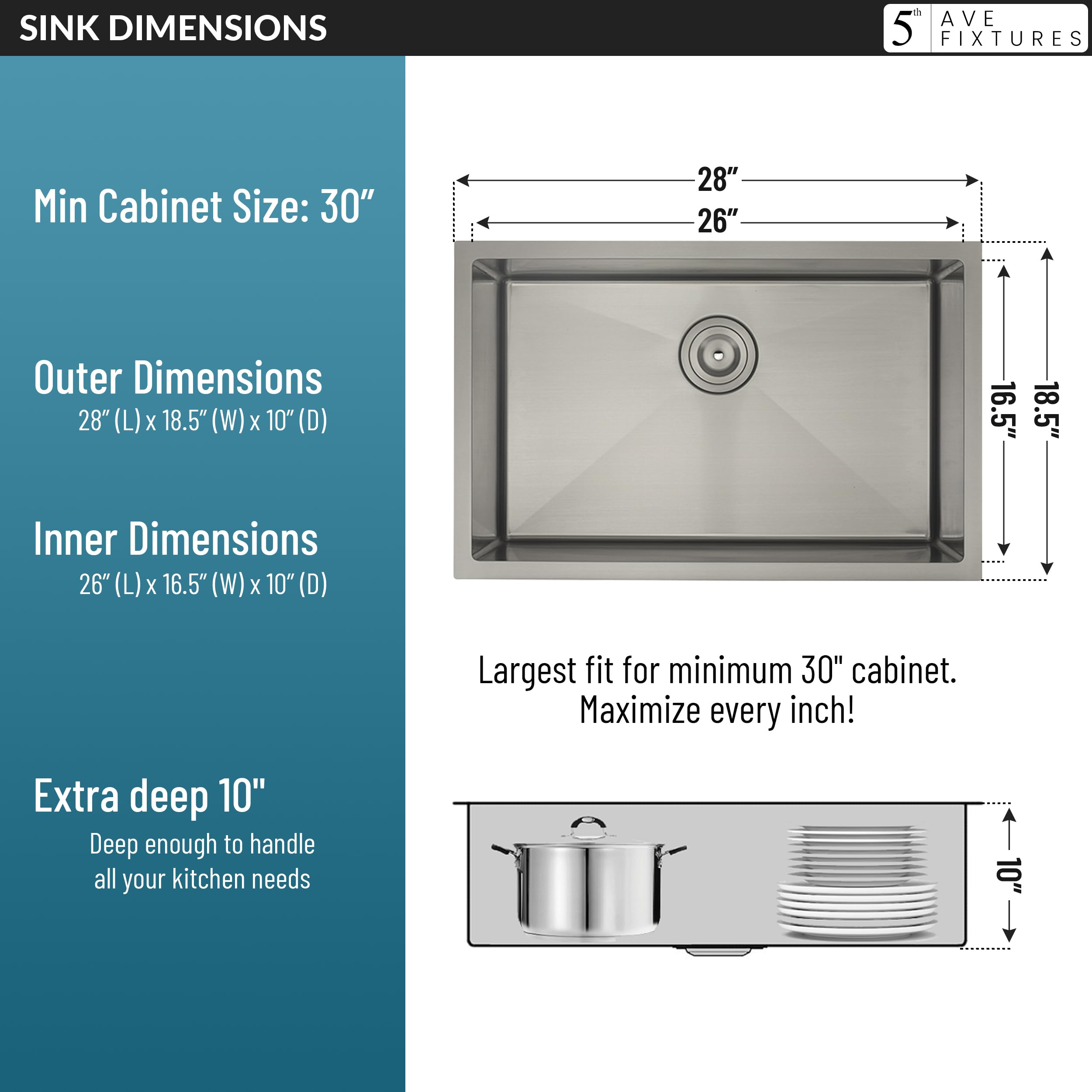 22"x18.5"x10" High-end 22 inch Undermount Stainless Steel Kitchen Sink. Full Accessory Set. XL Single Bowl Deep Basin. 16 Gauge Thick.