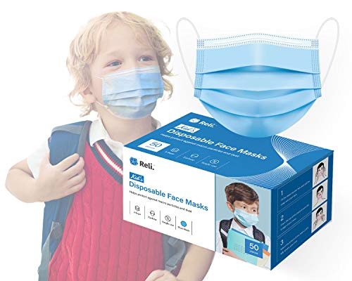 Reli. Kids Face Mask (50 Masks) Kids Disposable Face Mask for Children - 3 Layers - Small Size, Breathable - Ear Loop Face Mask for Kids/Children - 50 Pack Pc (Blue)