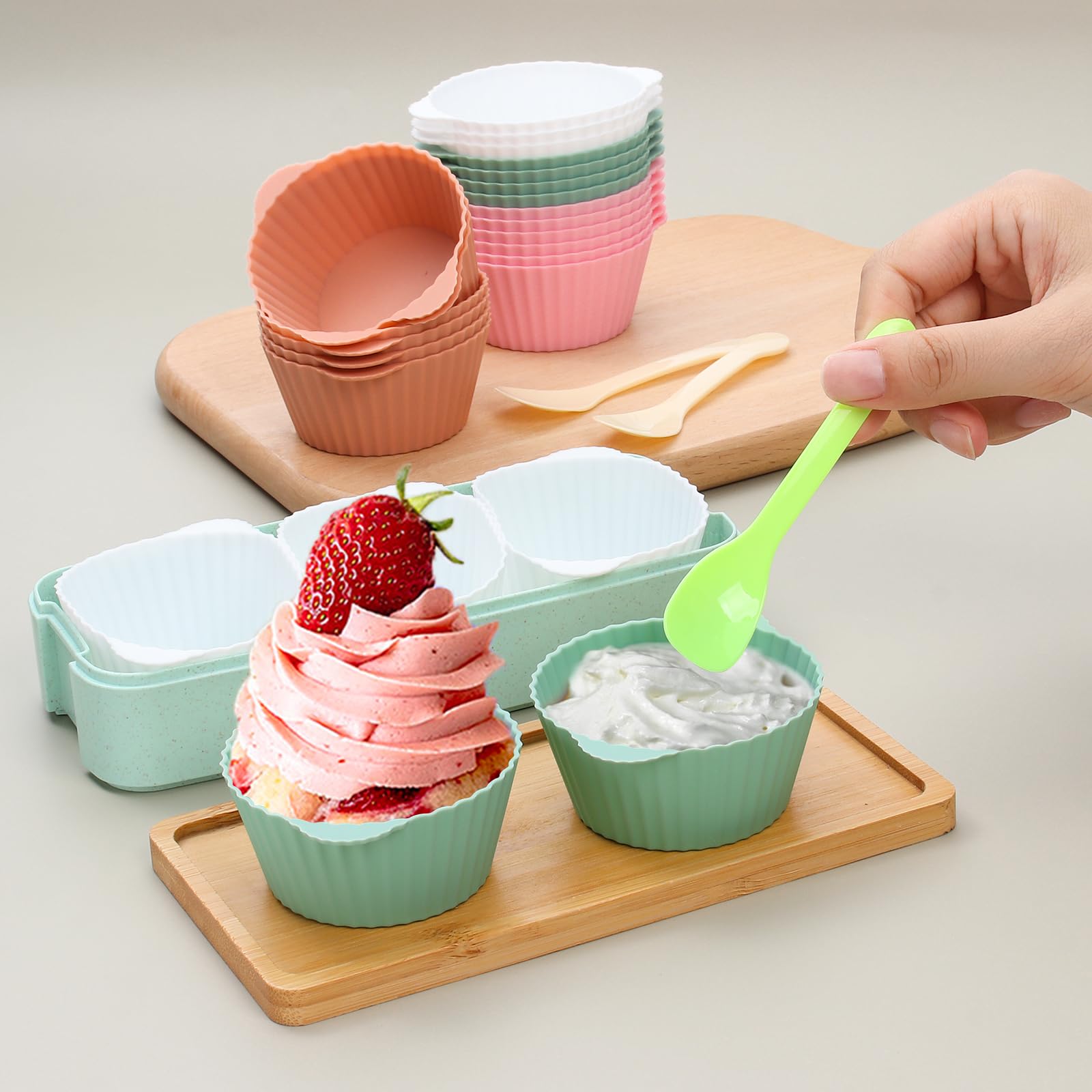 24Pcs Silicone Lunch Box Dividers Bento Box Accessories Silicone Cupcake Liners, Reusable Round Baking Cups Silicone Muffin Liners with 10pcs Food Picks and 24pcs Spoon