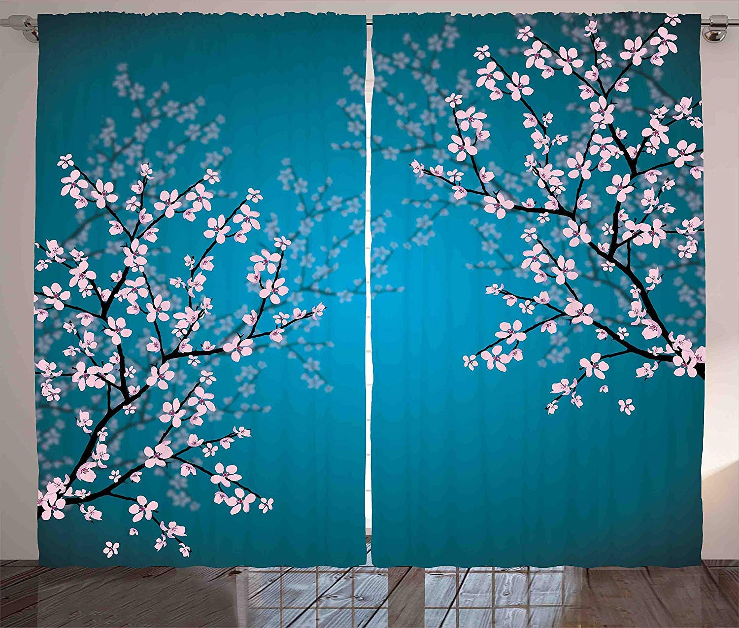Ambesonne Japanese Curtains, Spring Season Sakura Flower Bloom Design Marine Toned Ombre Background, Living Room Bedroom Window Drapes 2 Panel Set, 108" X 90", Blue Pink
