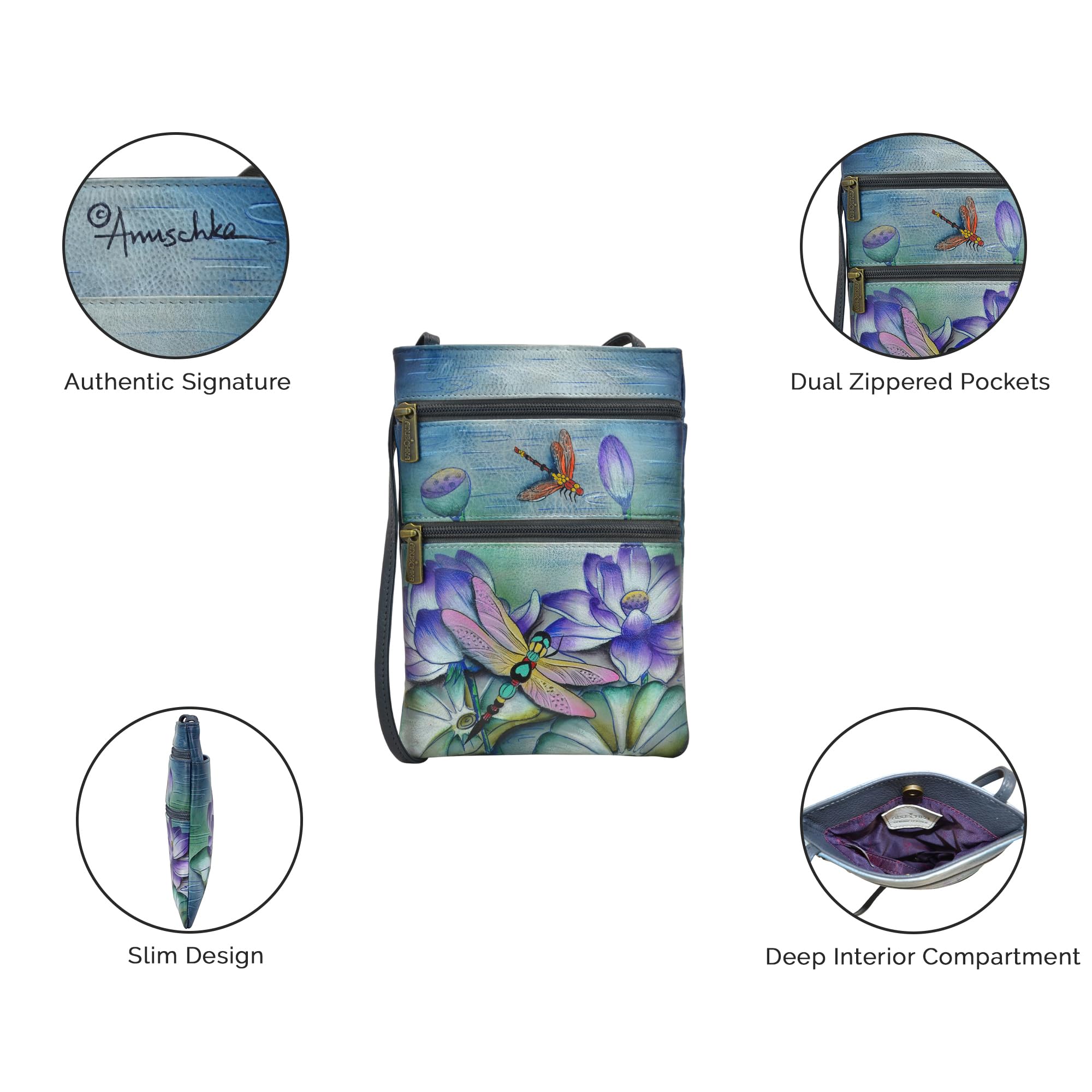 Anuschka Women’s Hand Painted Genuine Leather Mini Double Zip Travel Crossbody - Rainbow Birds