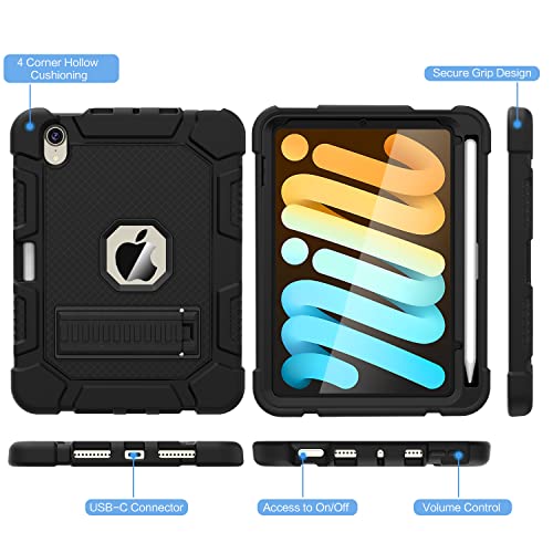 Azzsy Case for iPad Mini 6 8.3 Inch 2021 with Pencil Holder, Slim Heavy Duty Shockproof Rugged Protective Kids Case for iPad Mini 6th Generation 8.3β2021,Black