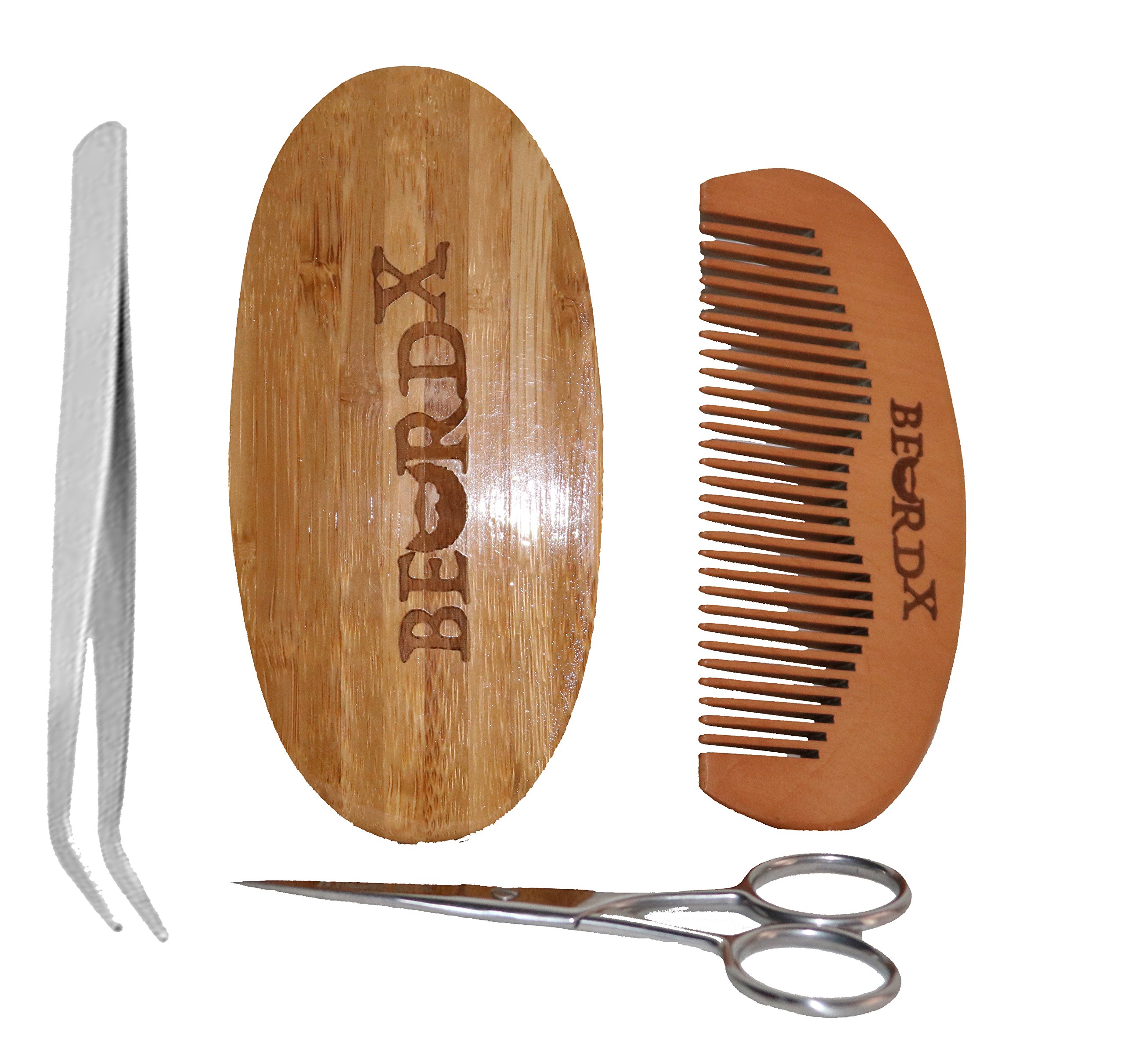 Beard Grooming and Trimming kit for Men's Beard Care| Bamboo Beard Brush Pear Wood Beard Comb with Stainless Steel Scissors and Tweezers Set by Beard Expressions