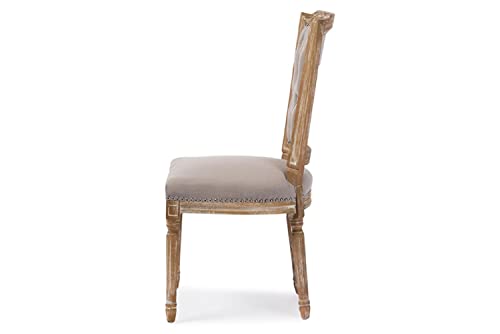 Baxton Studio Estelle Shabby Chic Rustic French Country Cottage Weathered Oak Linen Button Tufted Upholstered Dining Chair, Medium, Beige