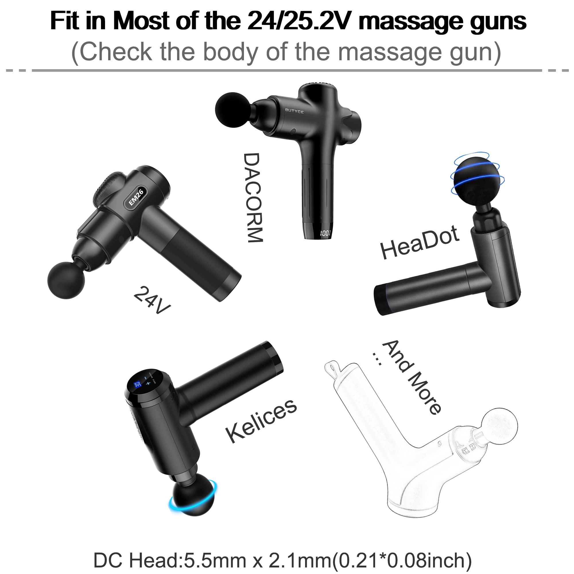 24V AC Adapter for Massage Gun Charger Output: DC 24V or 25.2V Deep Tissue Massage Gun Power Cord Universal Adapter Switch Power Supply Only fit with Brushless Motor Massage Guns (24v)