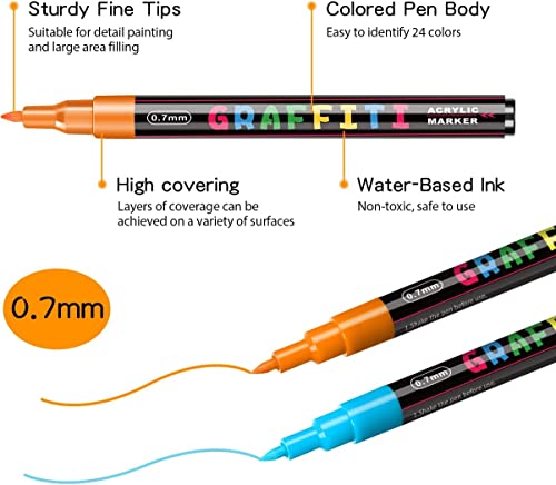 Acrylic Paint Pens,Emooqi Marker Pens for DIY Craft Projects Waterproof Paint Art Marker for Rock Painting, Ceramic, Glass,Canvas,Mug,Wood,Metal-0.7mm fine tip (24 PCS)