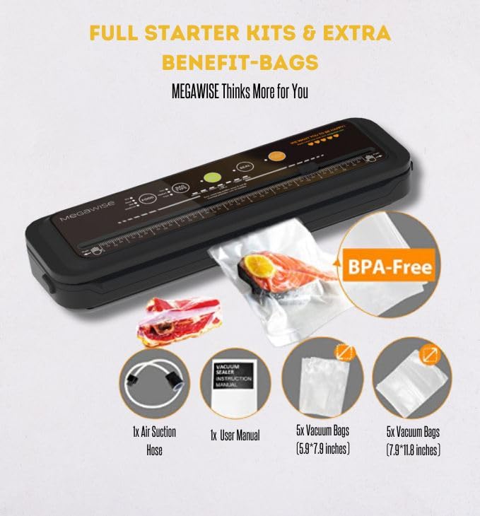 2023 Model B Megawise Powerful & Compact Vacuum Sealer Machine One-Touch Automatic Food Sealer 4 Food Types (Cold Wet Moist Dry) & 3 Bag types (Thick Medium Thin）OMNI MACHINE (Black)