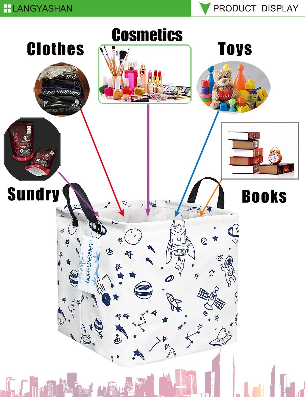 LANGYASHAN Square Storage Baskets Waterproof Canvas Children Laundry Nursery Hamper for Shelves Gift Baskets Toy Organizer Room Decor (Square spaceship)