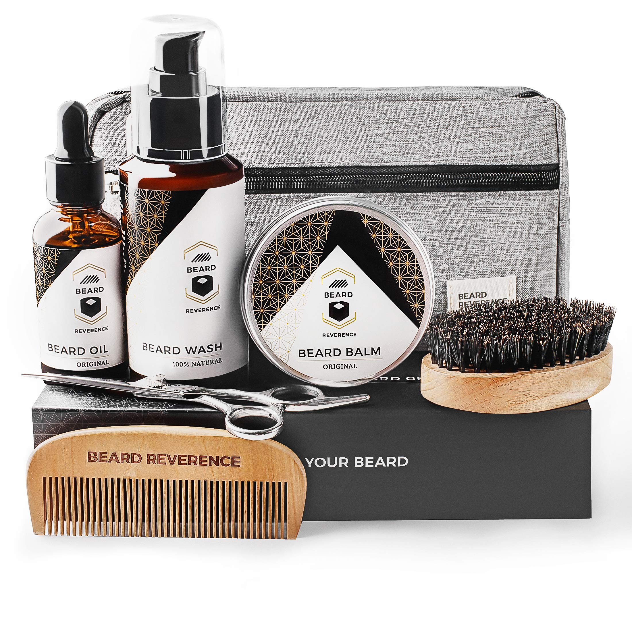 Beard Reverence Premium Beard Grooming Kit for Men Care w/Upgraded Travel Bag – All-Natural Beard Oil, Beard Balm Butter Wax, Beard Wash, Scissors, Comb, Boar Bristle Brush with Gift Set Box