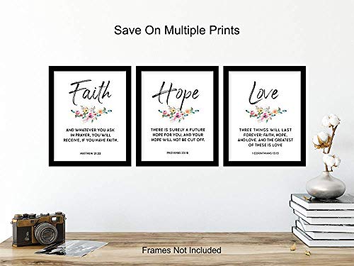 Religious Christian Wall Art Decor - Inspirational Faith, Hope, Love Bible Verse Wall Art - Scripture Wall Decor Signs - Home Decorations for Kitchen, Living or Dining Room, Bedroom - Unique Gift