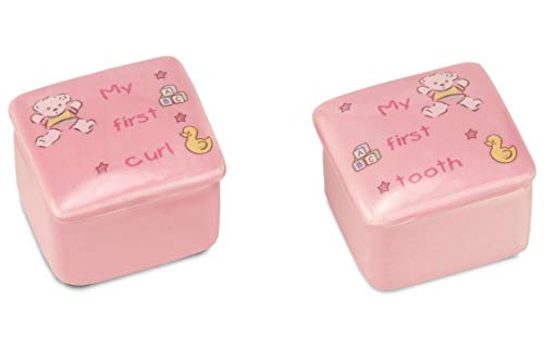 BRUBAKER My First Piggy Bank Gift Set for Baby Girl - 4 Pcs Keepsake Gift Set Includes Piggy Bank, First Curl, First Tooth and Photo Frame - Pink