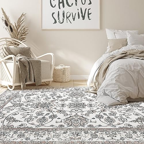 Area Rug Living Room Rugs - 5x7 Machine Washable Soft Farmhouse Boho Moroccan Floral Thin Rug Indoor Floor Carpet for Bedroom Under Dining Table Home Office Decor - Brown