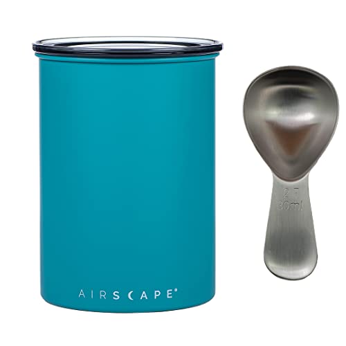 Airscape Stainless Steel Coffee Canister & Scoop Bundle - Food Storage Container - Patented Airtight Lid Pushes Out Excess Air - Preserve Food Freshness (Medium, Matte Turquoise & Brushed Steel Scoop)