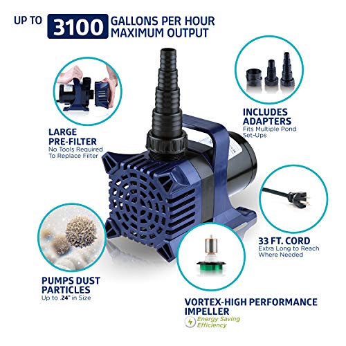 Alpine Corporation 3100 GPH Submersible Water Pump with 33 FT Cord and Adapters for Ponds, Fountains, Waterfalls, and Water Circulation, 276 Watts 21.5 FT Lift Quiet Operation Vertical/Horizontal