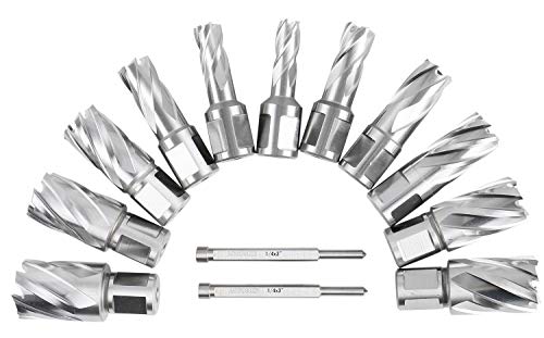Accusize Industrial Tools 13 Pc 7/16'' to 1-1/16'' Hss Annular Cutters, 1'' Cutting Depth, 3/4'' Weldon Shank, with 2 Pilot Pins, Strong Box, N10