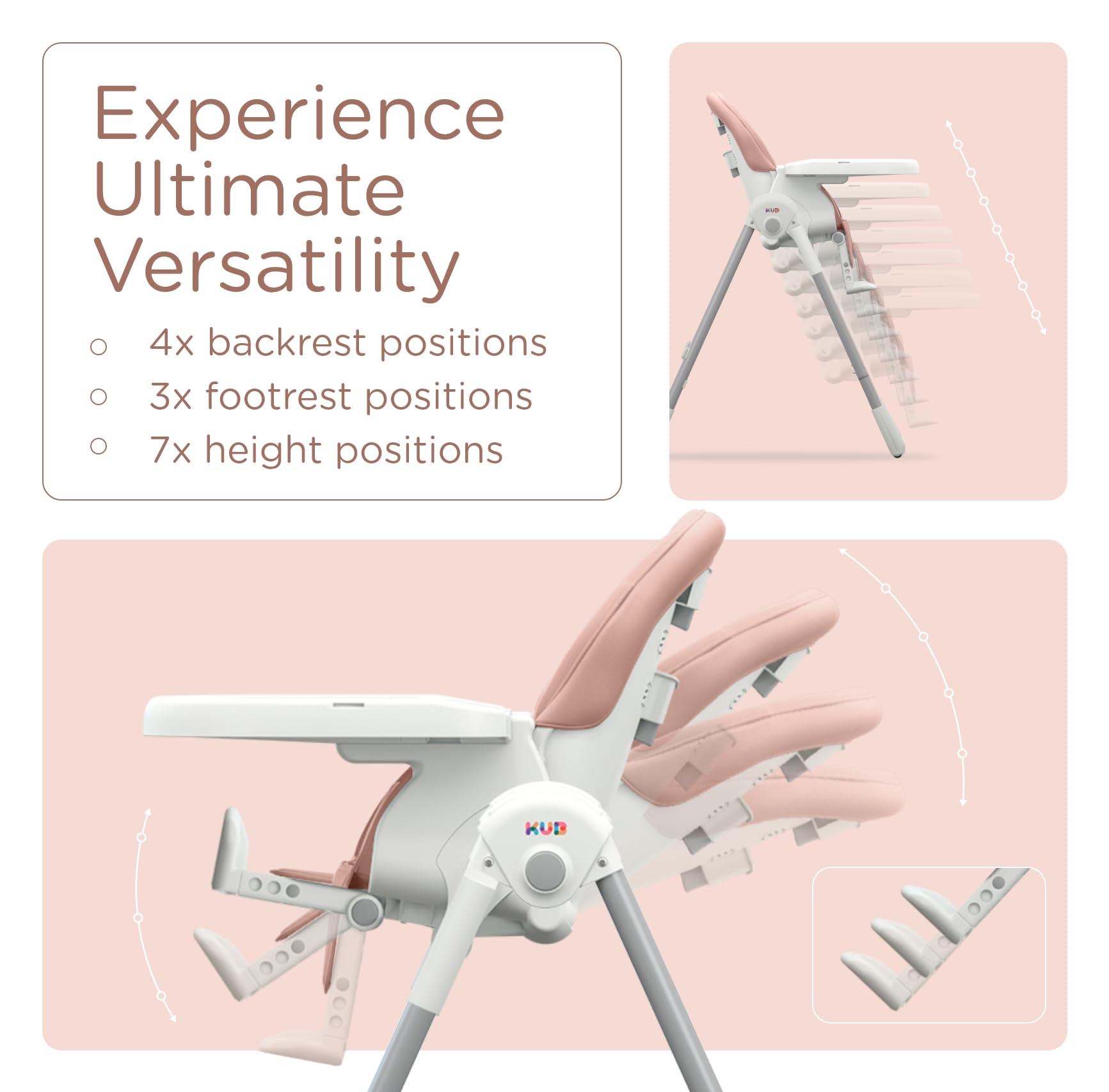 KÜB 3-in-1 Foldable Baby High Chair | 7 Height & 4 Recline Adjustable | Removable Seat & Tray for Easy Clean | 2 Locking Wheels | Multifunctional Infant Highchair for Babies Toddlers Girl (Pink)