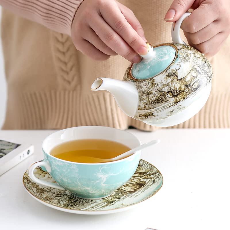7 Colors Ceramic Tea Kettle Large Floral Colorful Teapot with Handle, Retro Hot Water Cluttered Kettles, No Whistling (Deer)