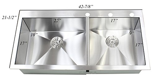 43 INCH (6040) Zero Radius Design 16 Gauge Topmount Drop In Over the Counter Large Double Bowl 5050 Stainless Steel Kitchen Sink Premium Package 43 INCH (6040) KKR-FT4321-6040