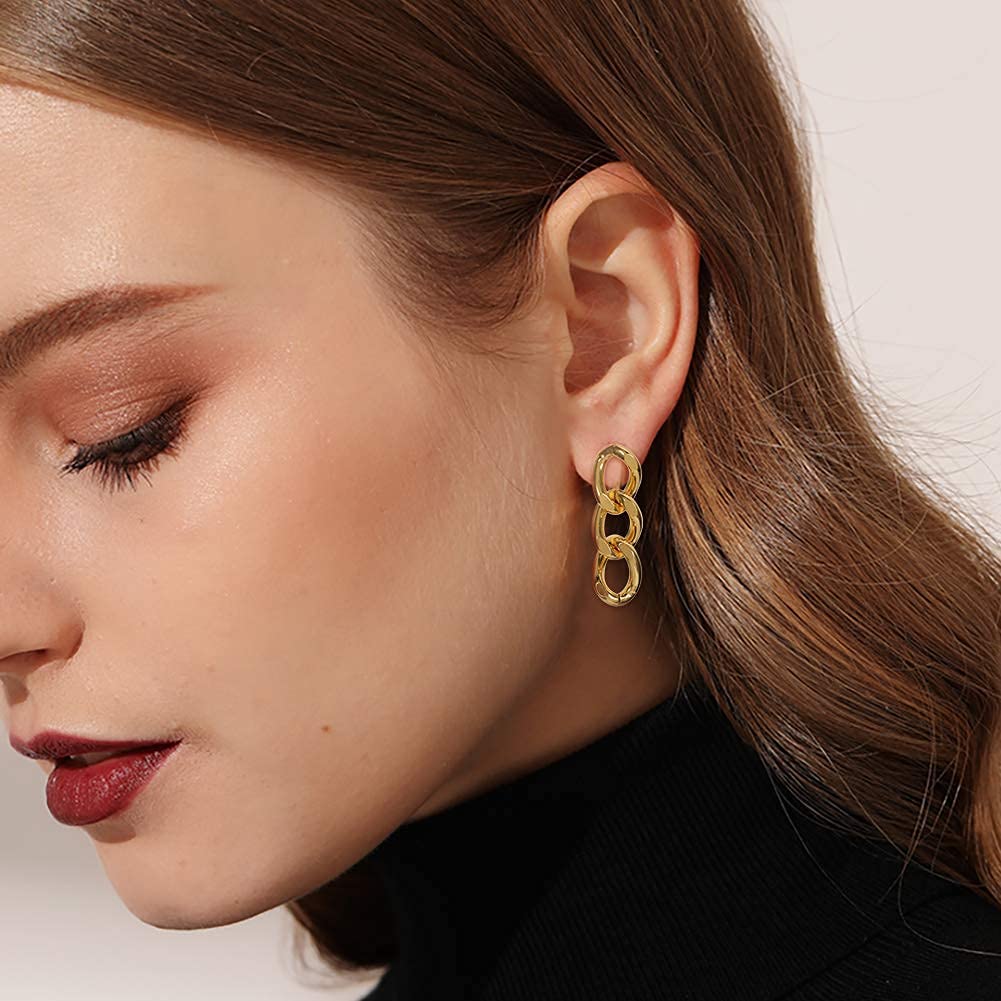 18K Gold Plated Chain Link Drop Dangle Earrings, Symmetrical Dangling Stud Earrings for Women Girls