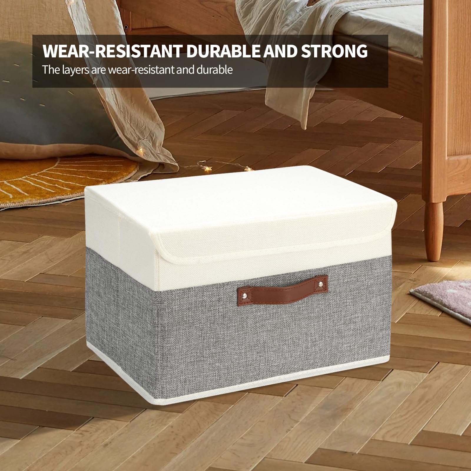 8 Pack Storage Bins Foldable Storage Boxes Fabric Storage Box with Lid & Handle Large Washable Storage Organizer Bulk for Office, Home, Books, Clothes, Bedroom, Closet, (15INx10INx10IN White/Grey)