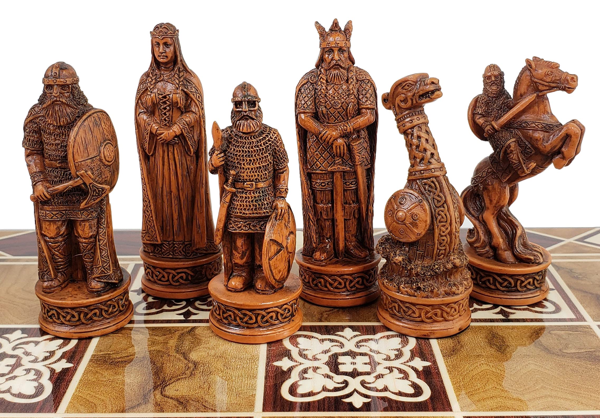 Antique Ivory & Brown Norse Viking Chess Set with 17" Burlwood Color Board